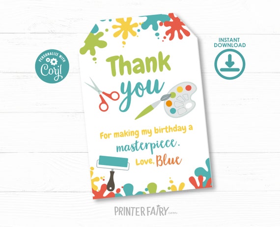 Paint Party Favor Tags, EDITABLE, Art Birthday Party than you tags, Art ...