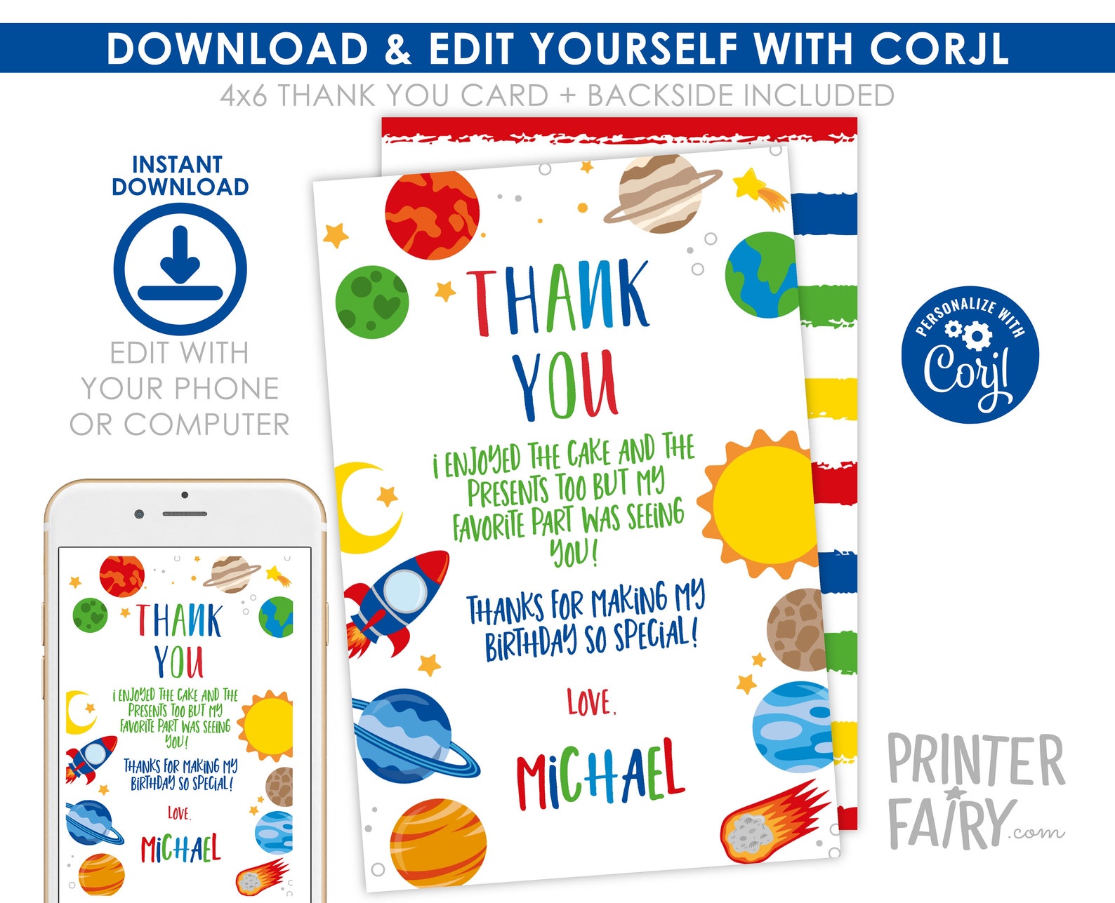 Editable Space Birthday Thank You Card, Outer Space Birthday Party ...