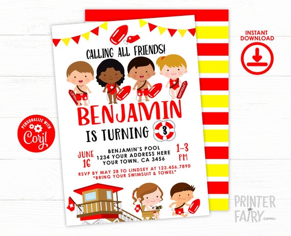 Lifeguard Invitation, EDITABLE Pool Party Invitation, Beach Birthday ...