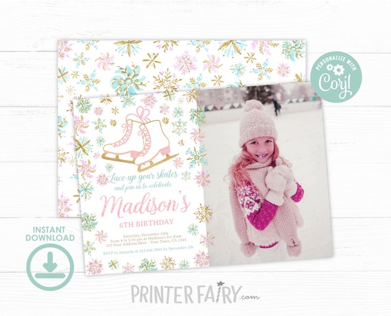 Ice Skating Birthday Invitation with Photo, EDITABLE Invitation, Winter ...