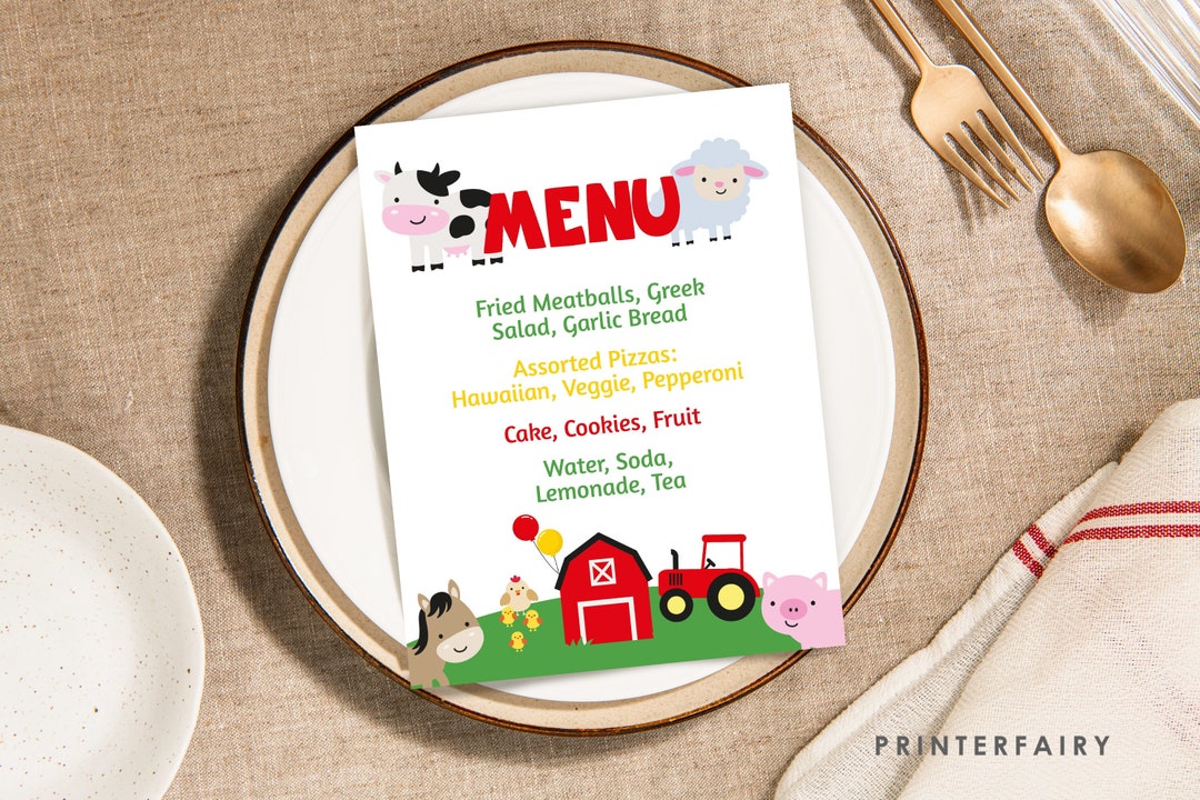 Farm Birthday Party Menu, Editable, Farm Animals Dinner Menu, Barnyard ...