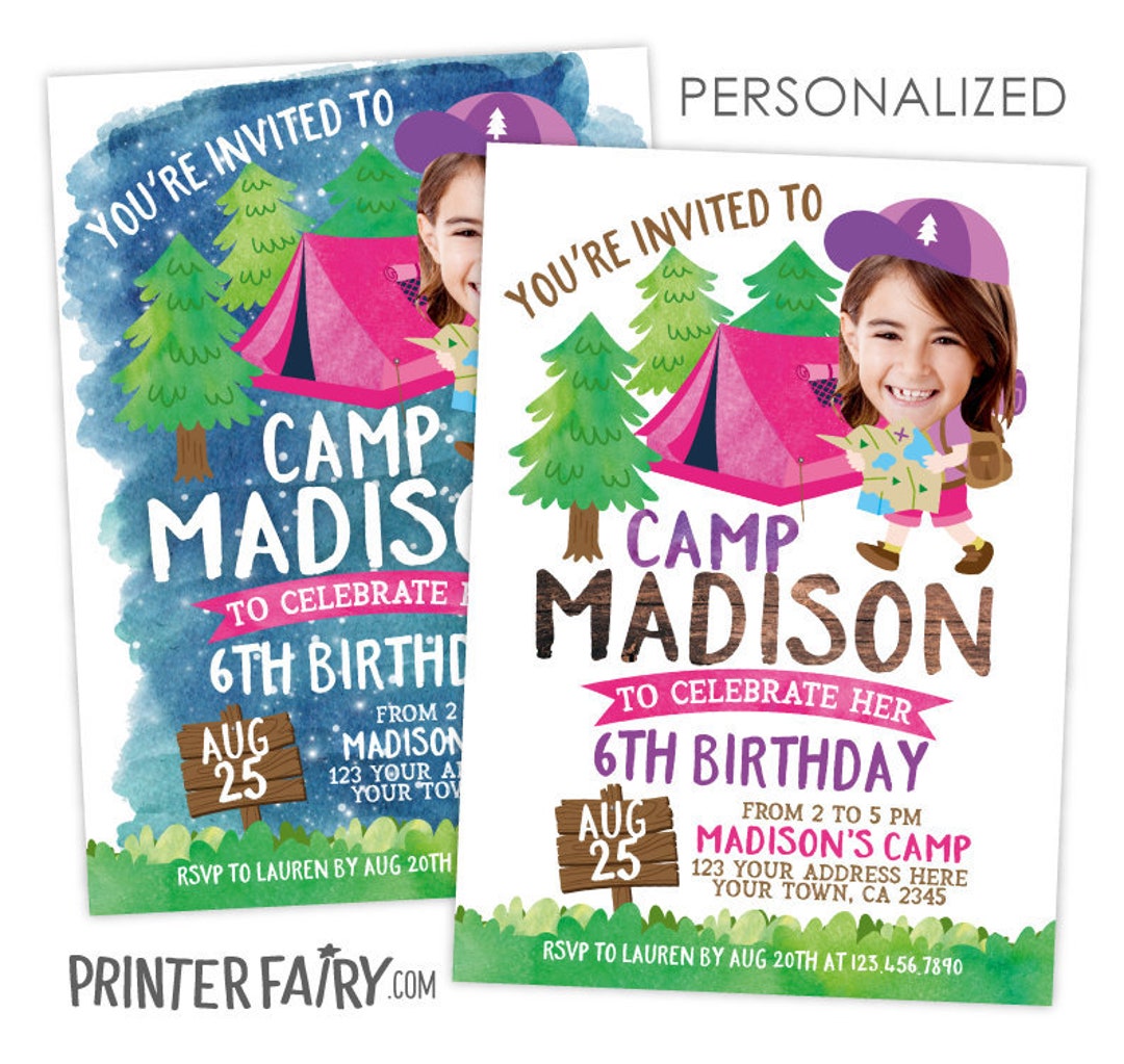Camping Invitation With Photo, Summer Camp Birthday Party, Sleepover ...