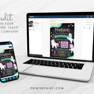 Back to School Unicorn Sign, First Day of School Editable Board, First ...