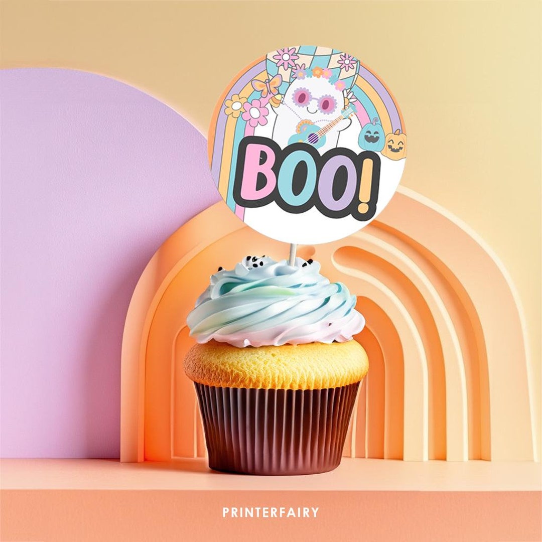 Editable Groovy Halloween Cupcake Toppers, Favor Tags, Round Stickers ...