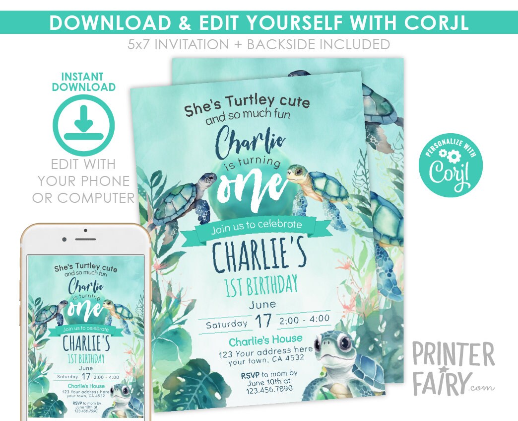 Sea Turtle Invitation Turtley Awesome Party Under the Sea 1st Birthday ...