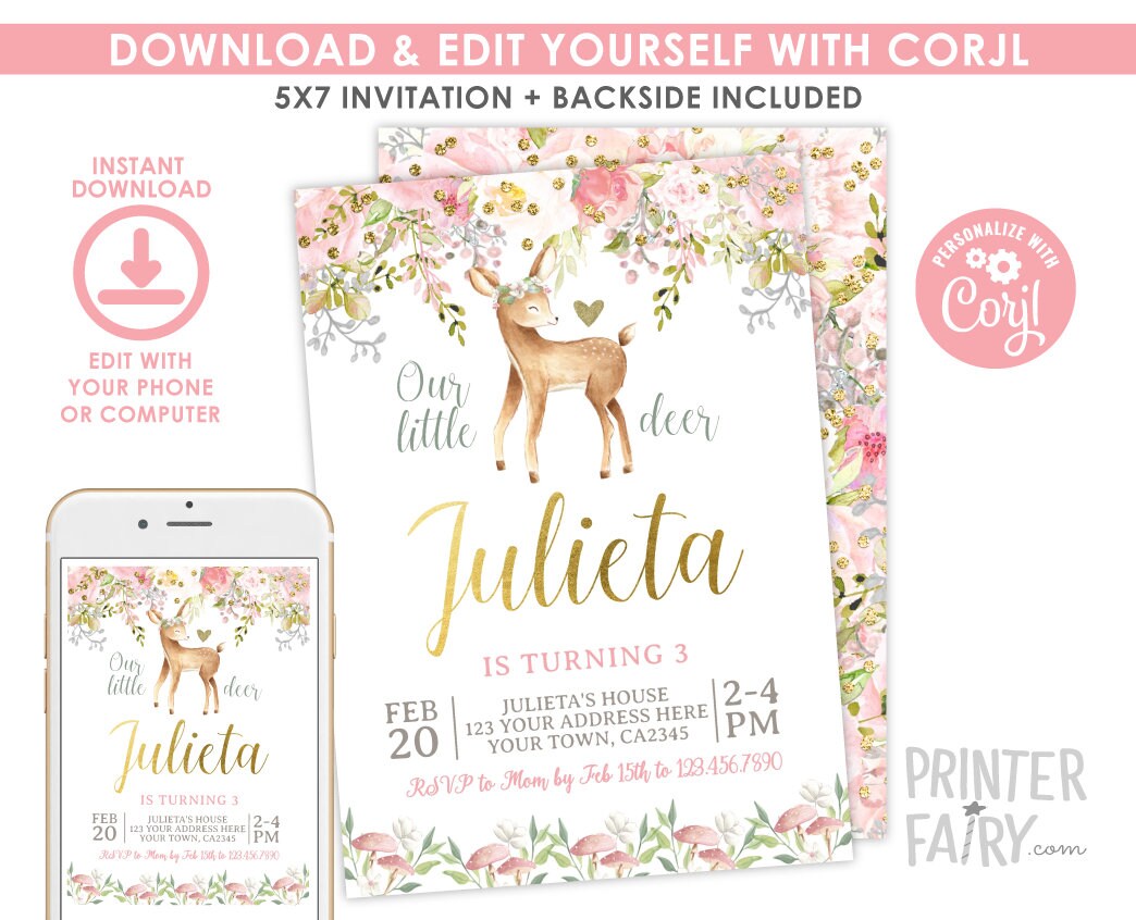 Deer Birthday Invitation EDITABLE Fawn Invitation Forest | Etsy