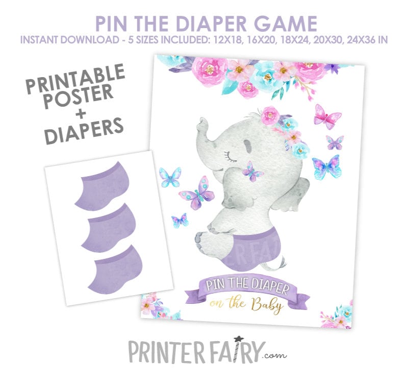 Elephant Baby Shower Pin the Diaper Game, Digital Printable Instant ...