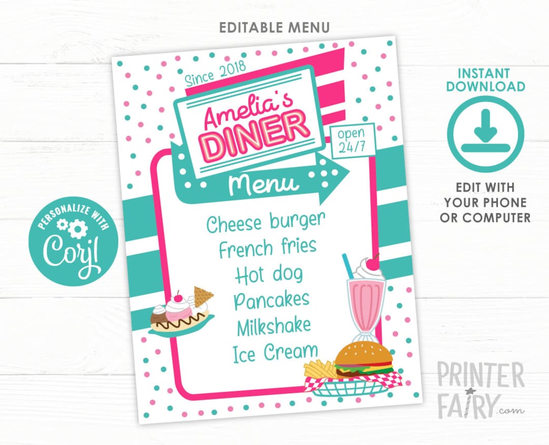 Diner Menu, 50s Birthday Party, Retro Birthday Party, Editable Menu ...