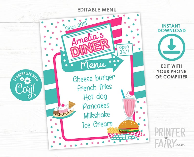 Diner Menu 50s Birthday Party Retro Birthday Party Editable - Etsy