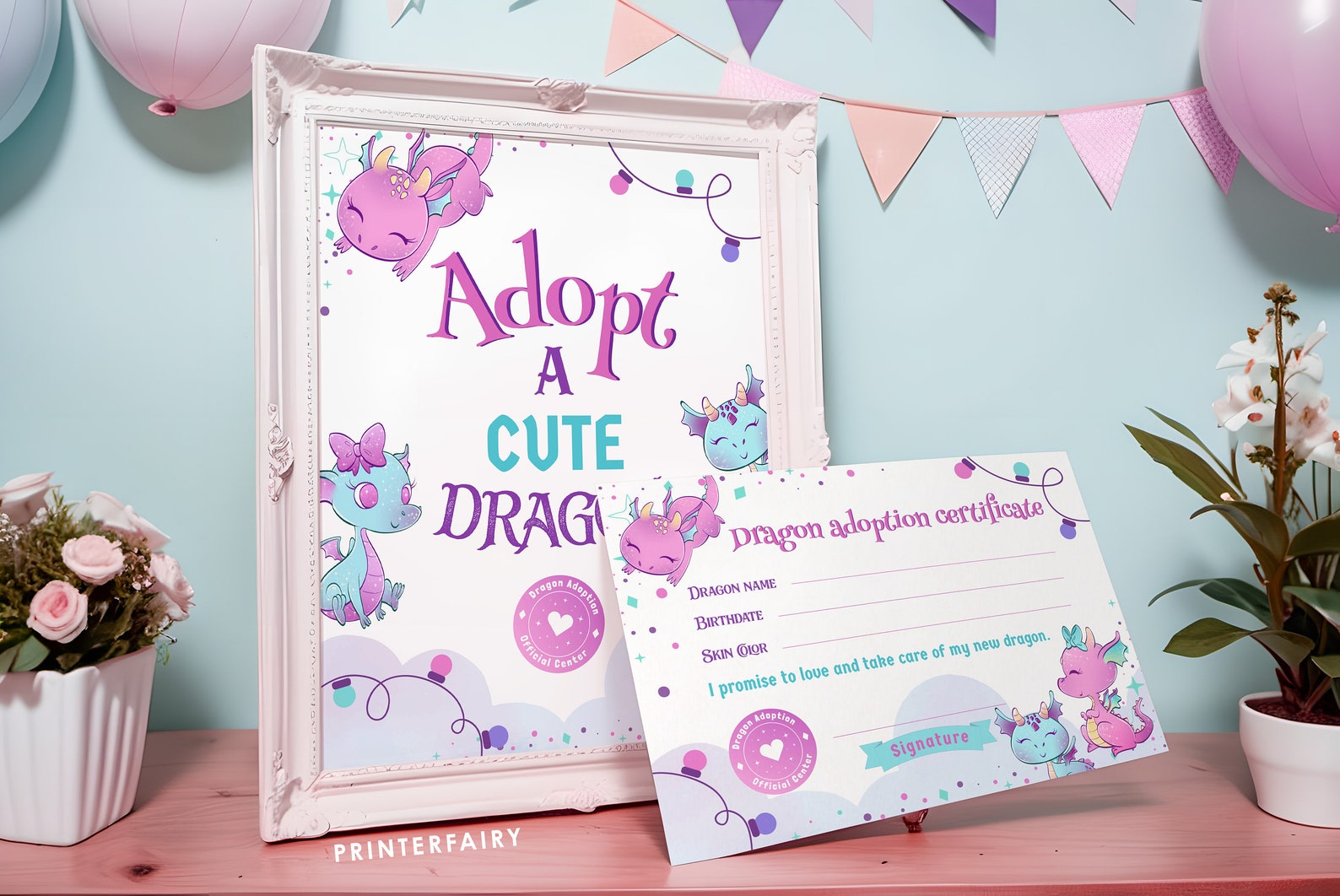 Dragon Adoption Certificate and Sign, Purple Pink Dragon Birthday Party ...