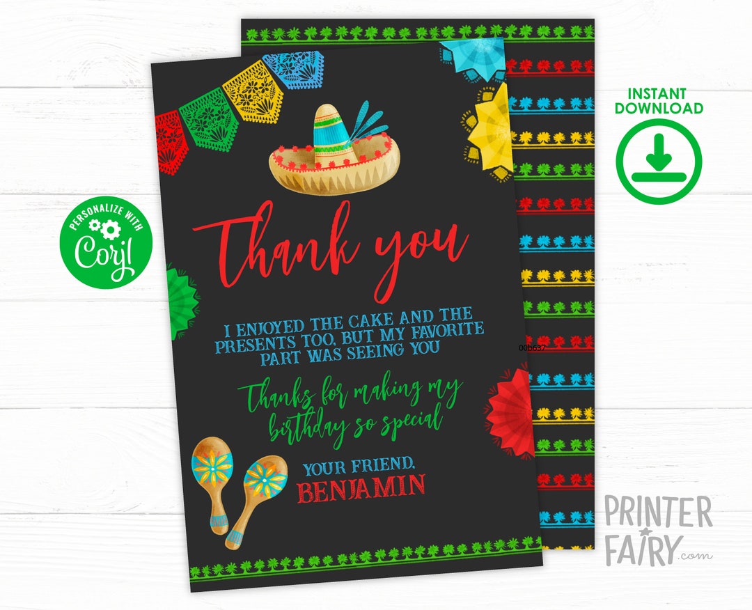 Fiesta Birthday Thank You Card, Editable Mexican Invitation (digital ...