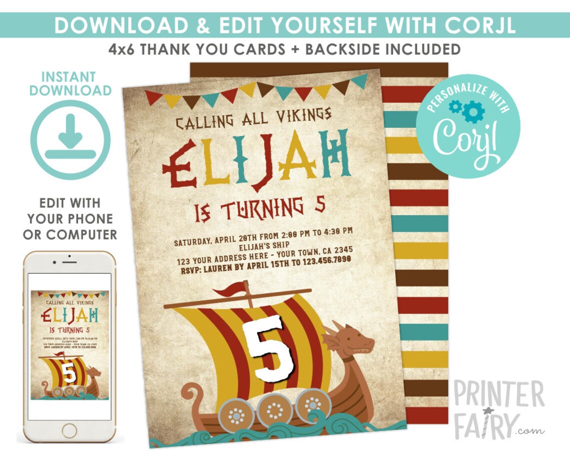 Viking Invitation EDITABLE Viking Birthday Party Dragon - Etsy