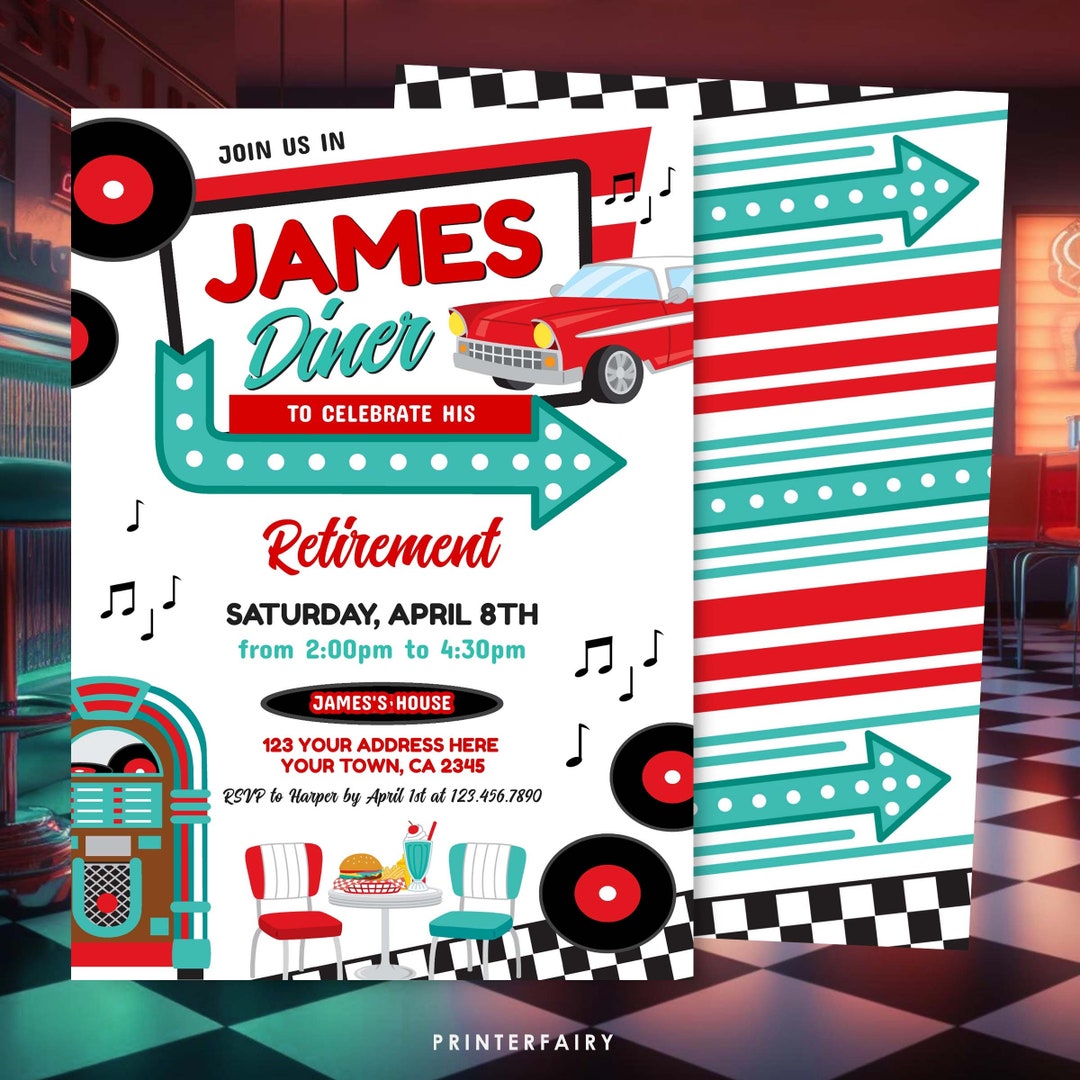 Diner Retirement Party Invitation, Editable, 1950's Party Invite ...