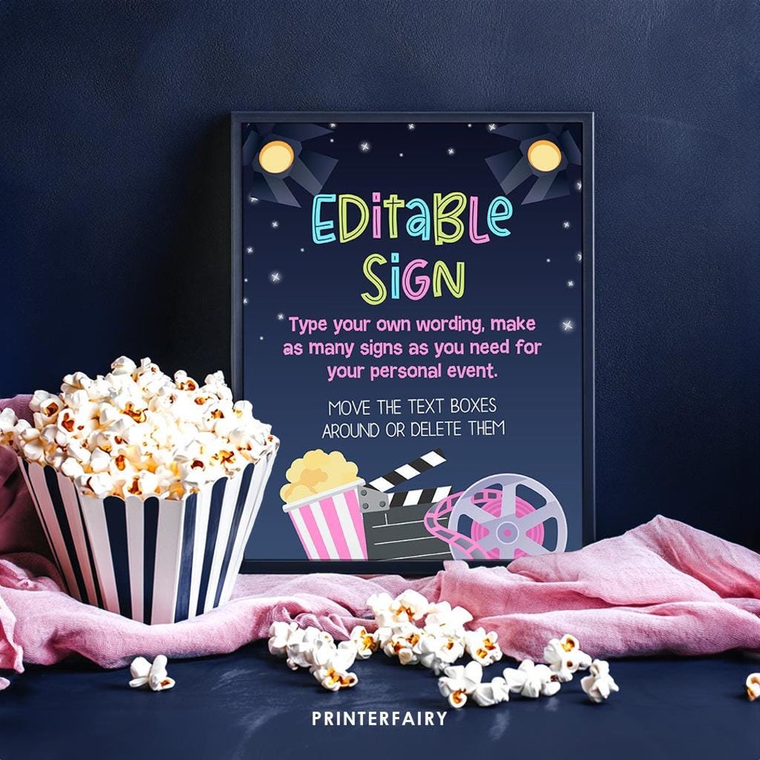 Movie Night Party Editable Sign, Movie Night Party Printable ...