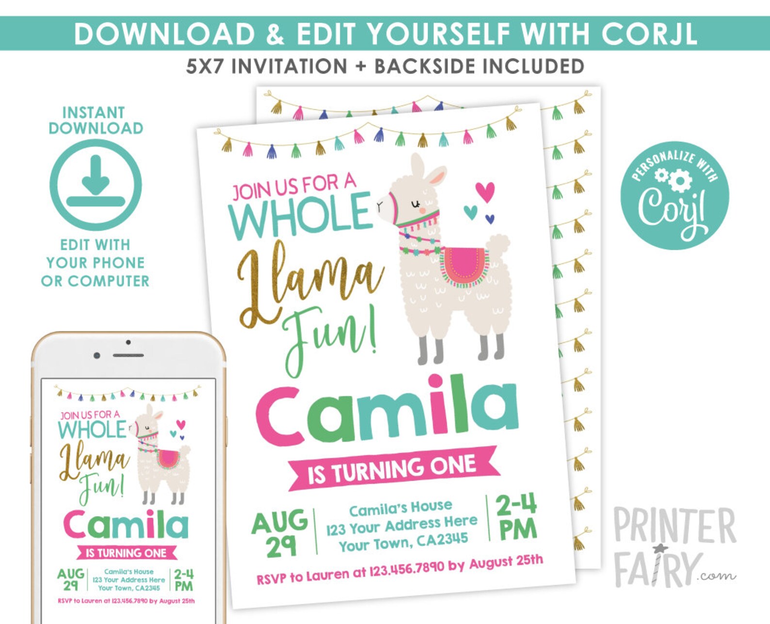 Llama Birthday Invitation EDITABLE Llama Birthday Party - Etsy