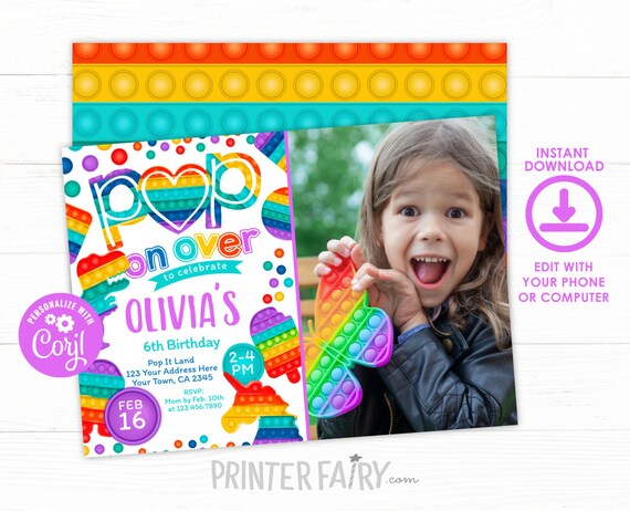 Pop it Birthday Invitation with photo, EDITABLE, Popit Invitation, Girl ...