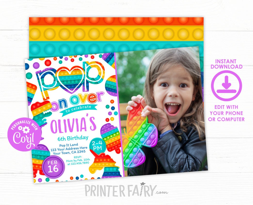 Girl Birthday EDITABLE Pop it Birthday Thank You Cards Rainbow Birthday ...