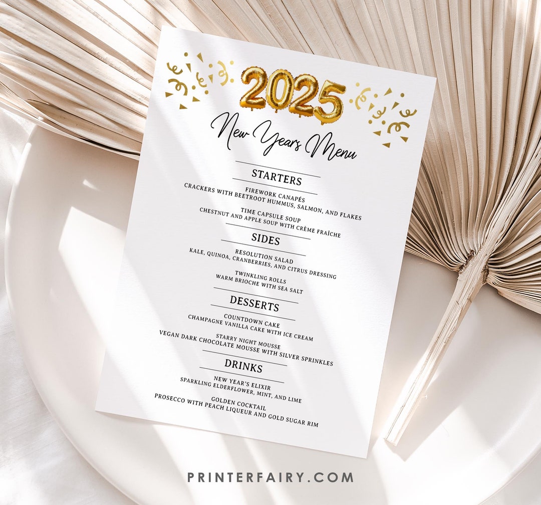 New Year Menu Template Editable, New Years Party Printables, Modern ...