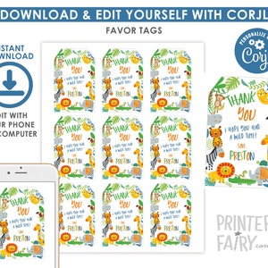 Jungle Favor Tags, EDITABLE, Tropical, Zoo Thank You Tags, Jungle ...