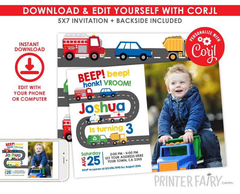 EDITABLE Transportation Birthday Invitation Firetruck | Etsy