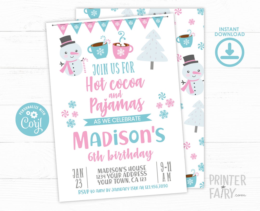 Hot Cocoa Birthday Invitation Pajama Party EDITABLE Invite - Etsy