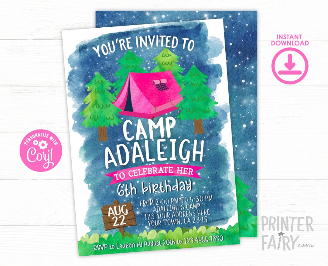 Camping Invitation, Editable, Summer Camp Birthday Party, Sleepover ...