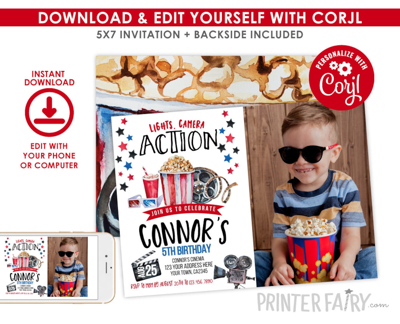 Movie Birthday Invitation With Photo Editable Template (digital Instant ...