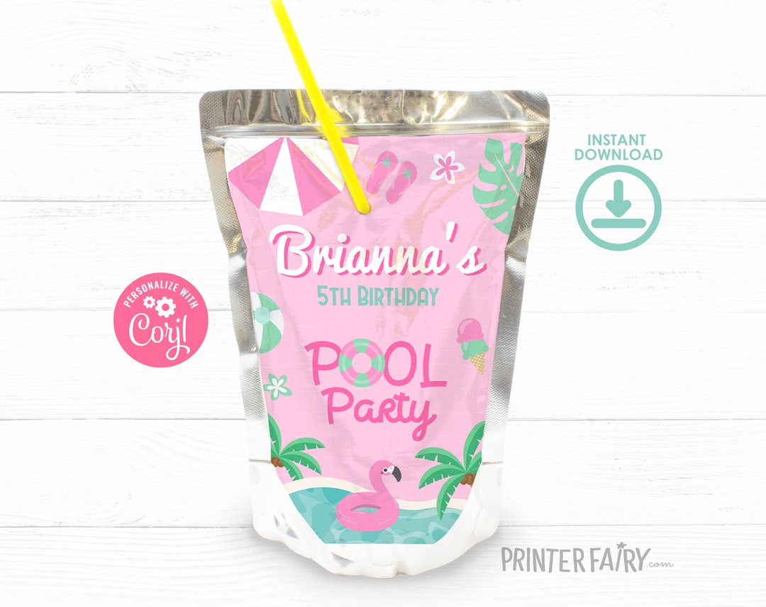 Pink Pool Party Drink Pouch Label, Editable, Pink Birthday Party Drink ...