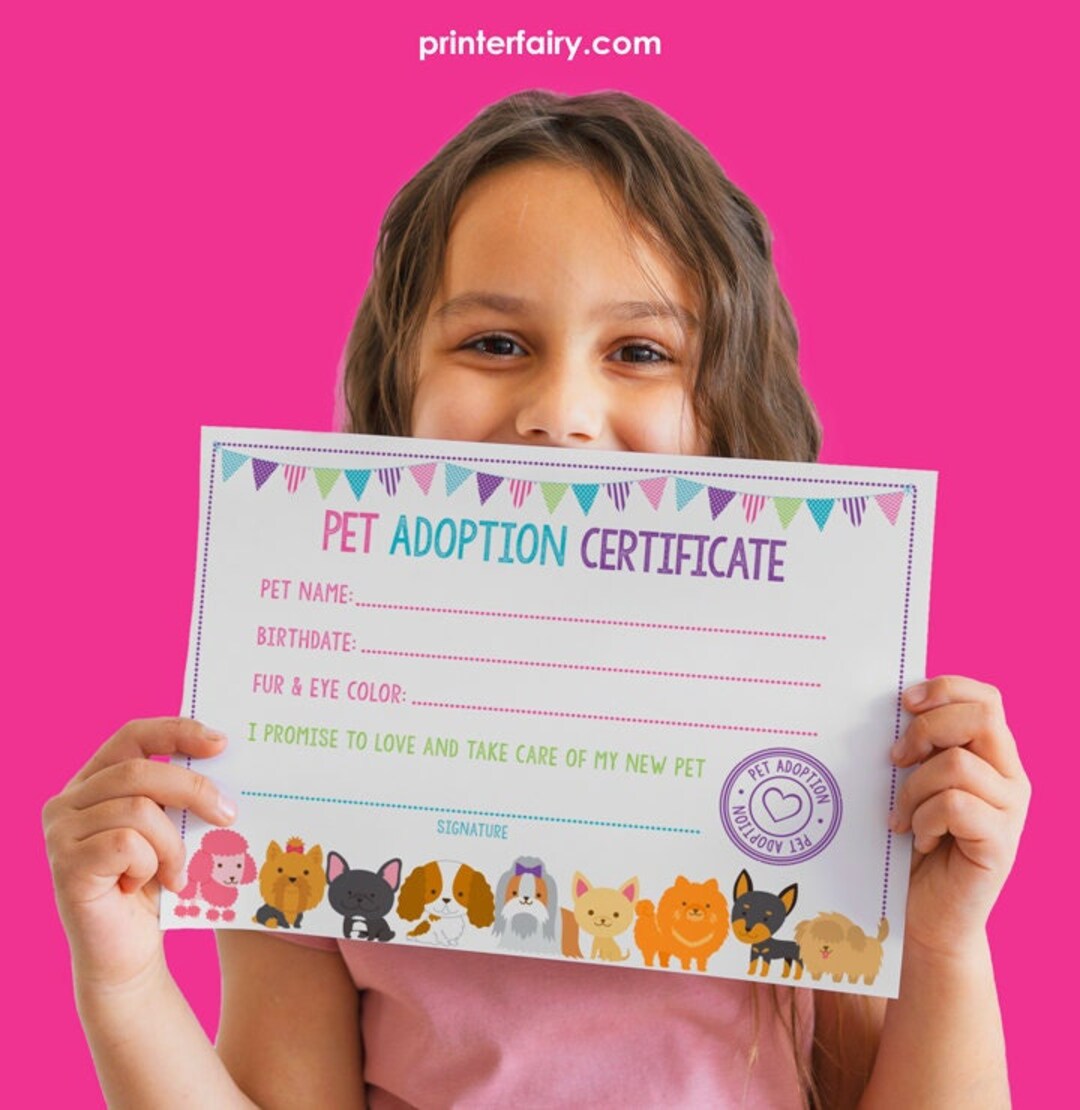 Pet Adoption Certificate, Pet Adoption Birthday Party, Puppy Birthday ...