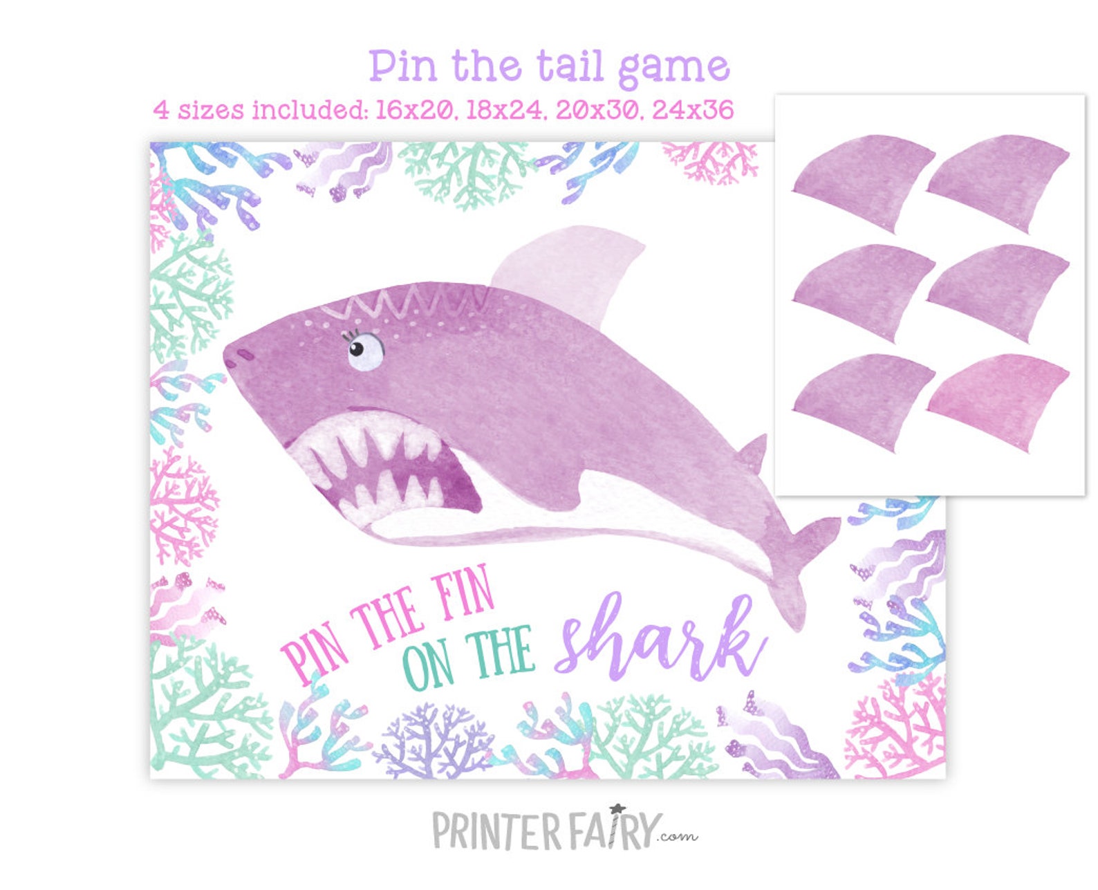 Pin the Fin Game, Shark Birthday Party, 4 Sizes Included, Shark Girl ...
