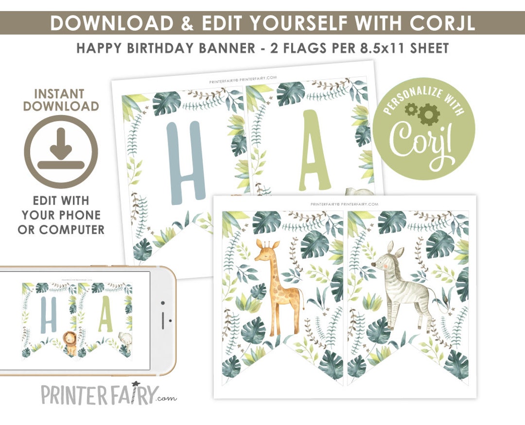 Jungle Banner, EDITABLE, Safari Birthday Decorations, Bunting Banner ...