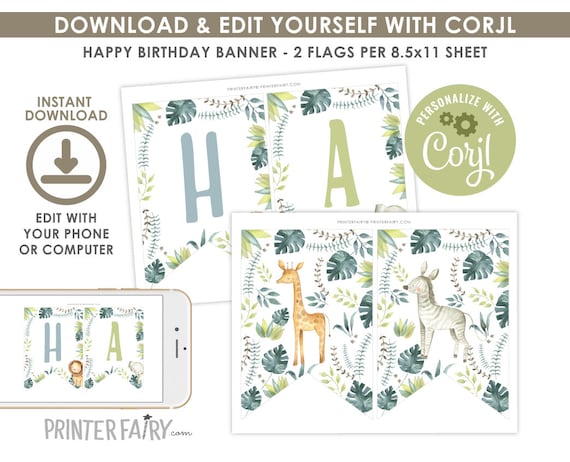 Jungle Banner, EDITABLE, Safari Birthday Decorations, Bunting Banner ...