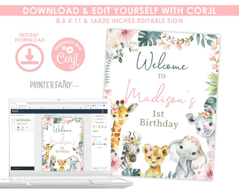 Jungle Editable Sign, EDITABLE Wild One Welcome Sign, Safari Sign, Girl ...