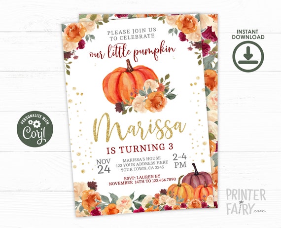 Little Pumpkin Birthday Invitation, EDITABLE Pumpkin Invitation, Autumn ...