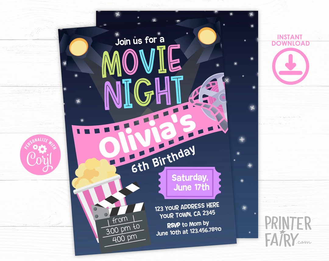 Movie Birthday Invitation, Editable Movie Night Birthday Party ...
