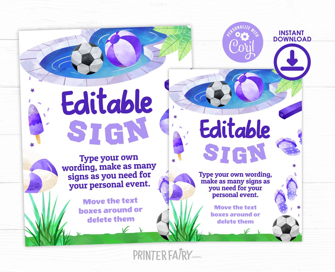 Soccer Pool Birthday Party Editable Sign, Instant Download, Sports ...