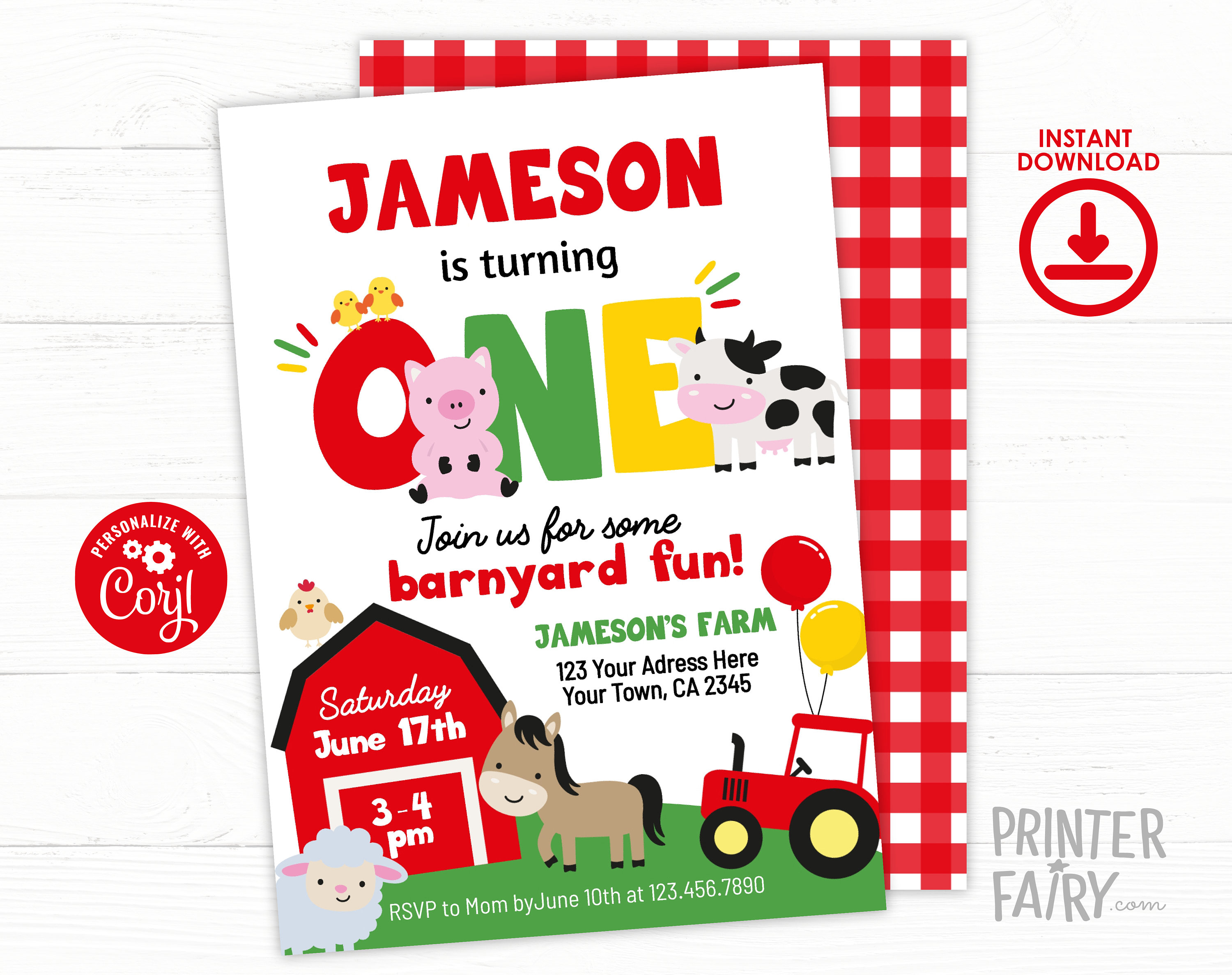 Farm First Birthday Invitation, Editable, Farm Animals Party, Barnyard ...