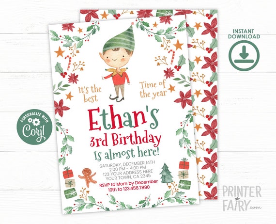 Christmas birthday Invitation, EDITABLE Boy Elf Birthday Invitation ...