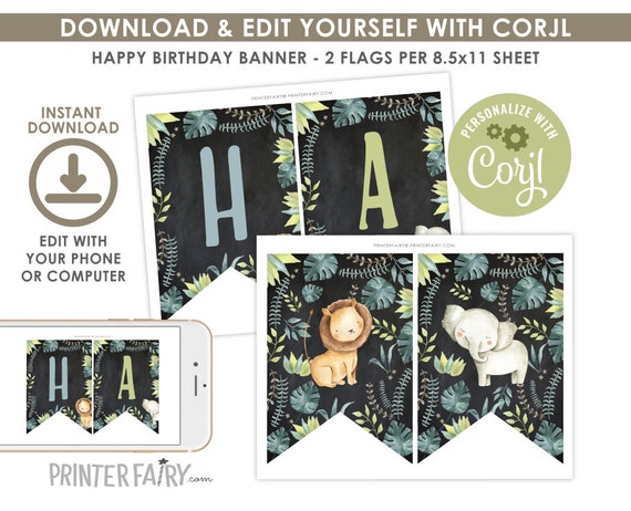 Jungle Banner, EDITABLE, Safari Birthday Decorations, Bunting Banner ...
