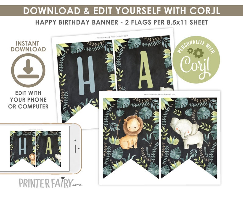 Jungle Banner EDITABLE Safari Birthday Decorations Bunting - Etsy