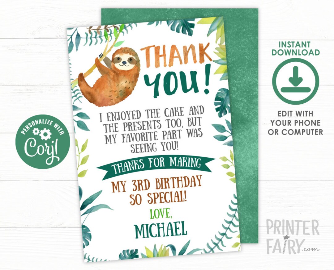 Sloth Thank You Cards, EDITABLE, Sloth Birthday Party, Sloth Thank You ...