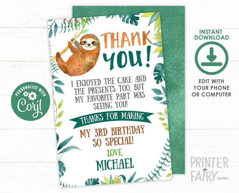 Sloth Thank You Cards EDITABLE Sloth Birthday Party Sloth - Etsy