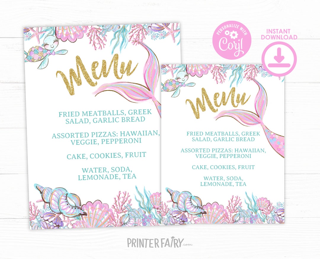 Mermaid Baby Shower Menu Sign, Editable Dinner Table Menu Sign Template ...