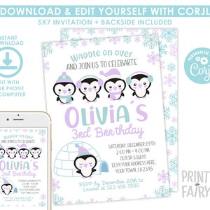 Penguin Birthday Invitation, EDITABLE Invitation, Penguin Birthday ...