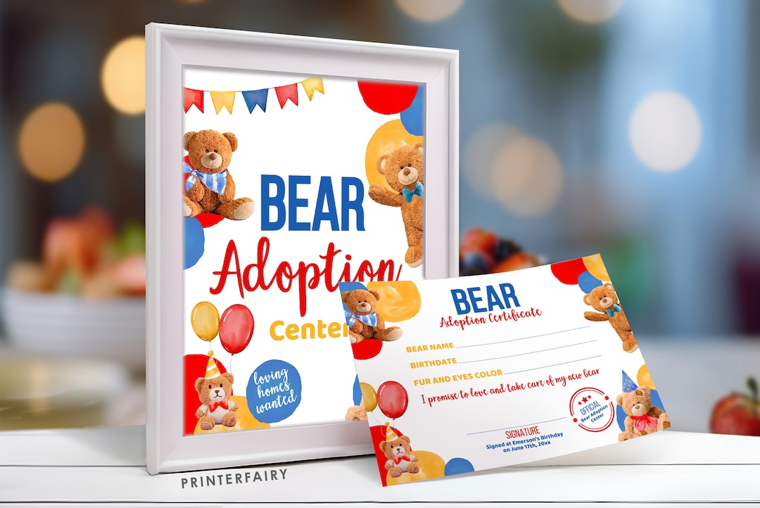 Bear Adoption Sign and Certificate, EDITABLE, Beary Fun Birthday, Bear ...