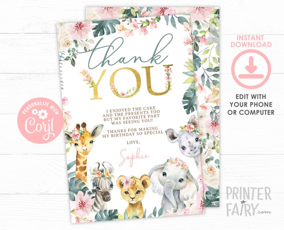EDITABLE Jungle Thank You Card, Safari Thank You Note, Girl Birthday ...