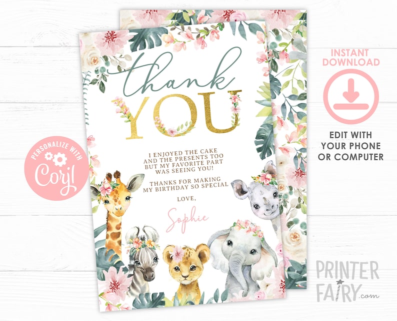 EDITABLE Jungle Thank You Card Safari Thank You Note Girl - Etsy