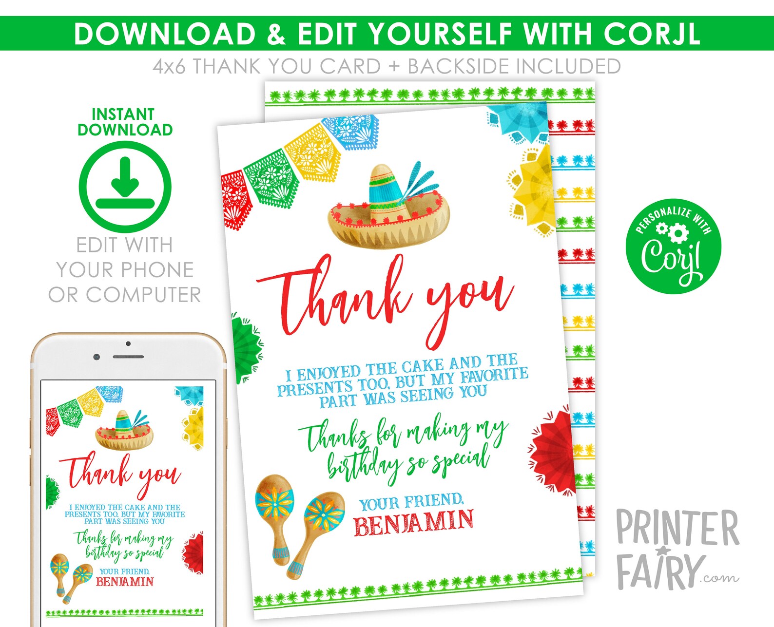 Fiesta Birthday Party Thank You Card Editable Mexican Fiesta - Etsy