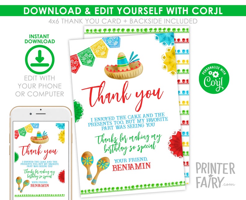 Fiesta Birthday Party Thank You Card Editable Mexican Fiesta - Etsy
