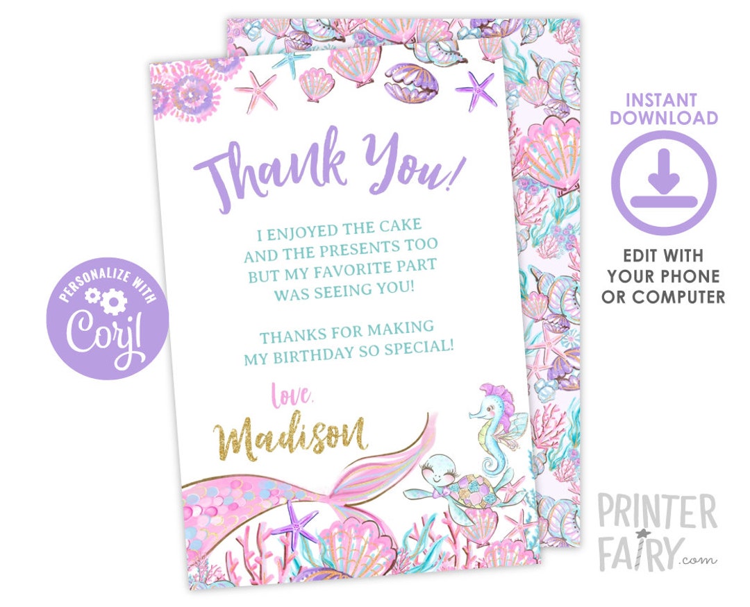 EDITABLE, Mermaid Thank You Cards, Under the Sea Birthday Party ...